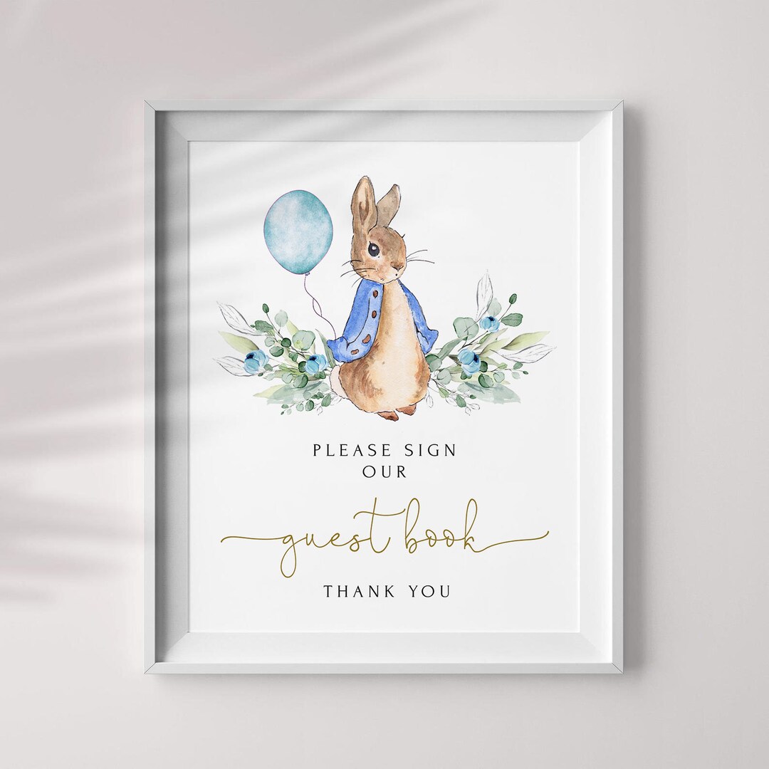 Peter Rabbit Guest Book Table Sign , Blue Peter Rabbit Sign , Party ...