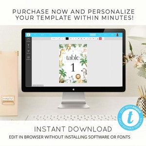 Safari Animals Table Number Template: Jungle Baby Shower (digital ...