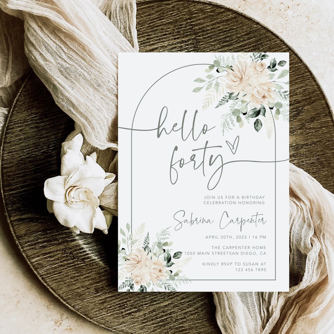 Hello Forty Birthday Invitation, Birthday Invite, Boho Birthday Party ...