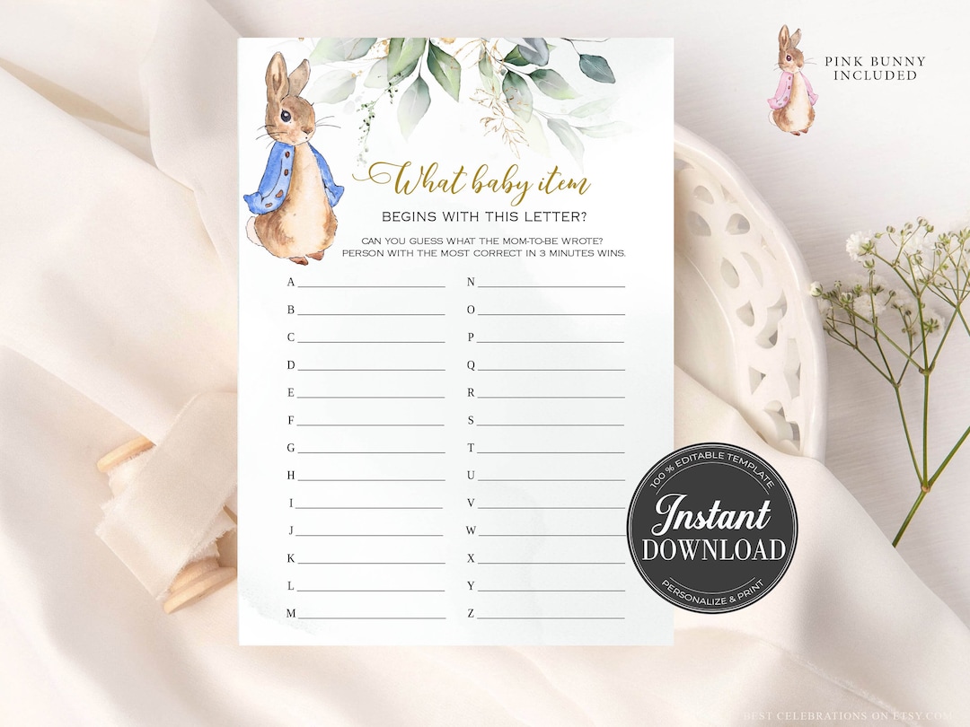 Peter Rabbit Baby Shower Game, A to Z Baby Shower Game, What Baby Item ...