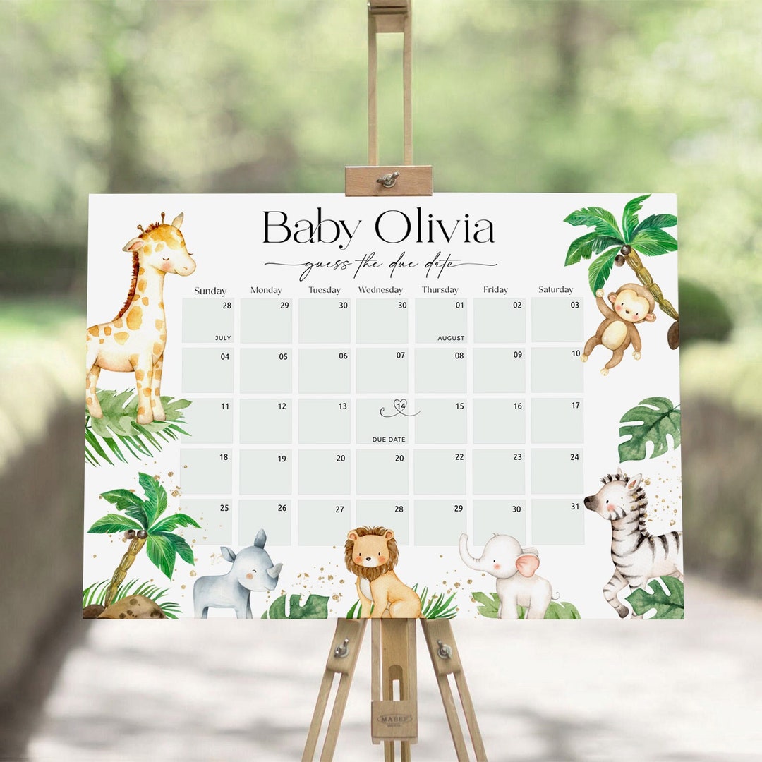 Safari Baby Shower Due Date Calendar: Jungle Animals, Editable (digital ...