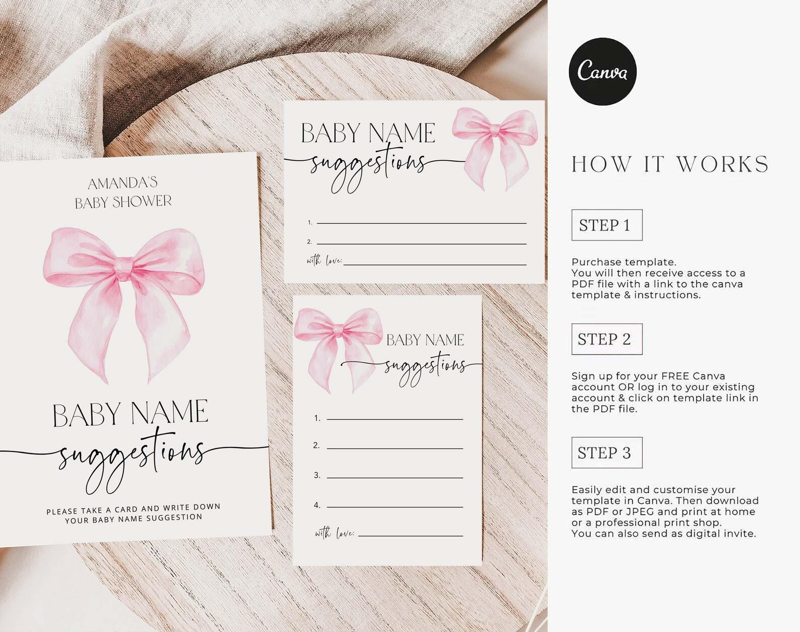 Baby Name Suggestions Game: Pink Bow, Minimalist Shower (instant ...
