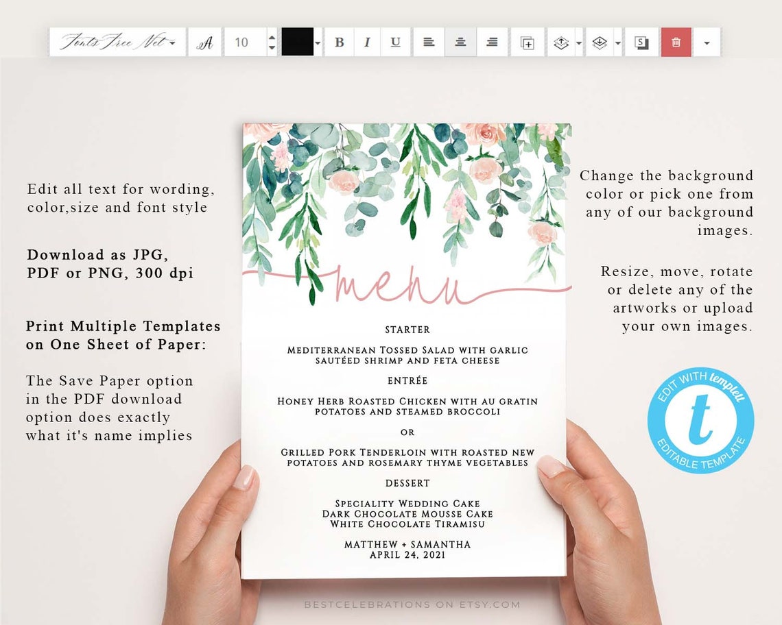 Rustic Wedding Menu Template Greenery Menu Card Template - Etsy