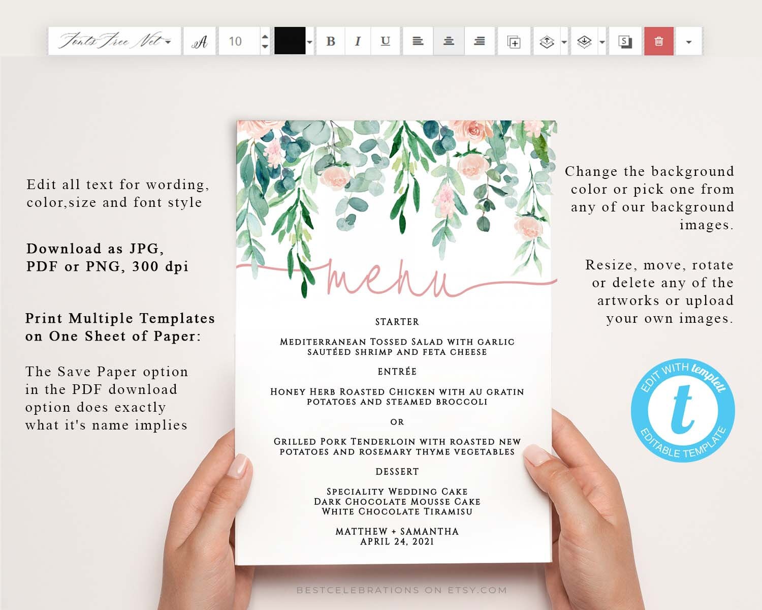 Rustic Wedding Menu Template Greenery Menu Card Template - Etsy
