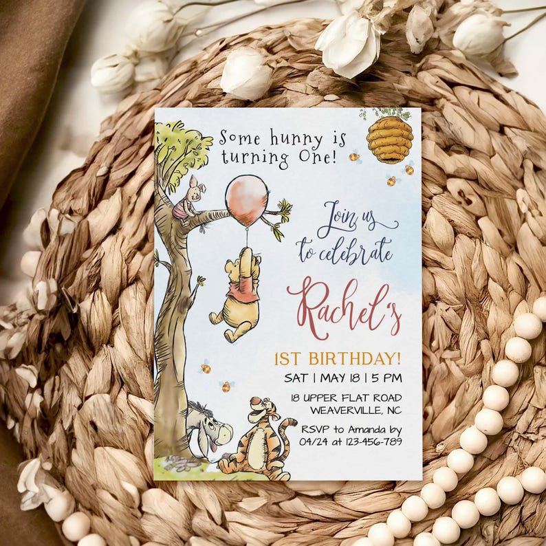 Classic Winnie the Pooh First Birthday Invitation, Editable Template ...