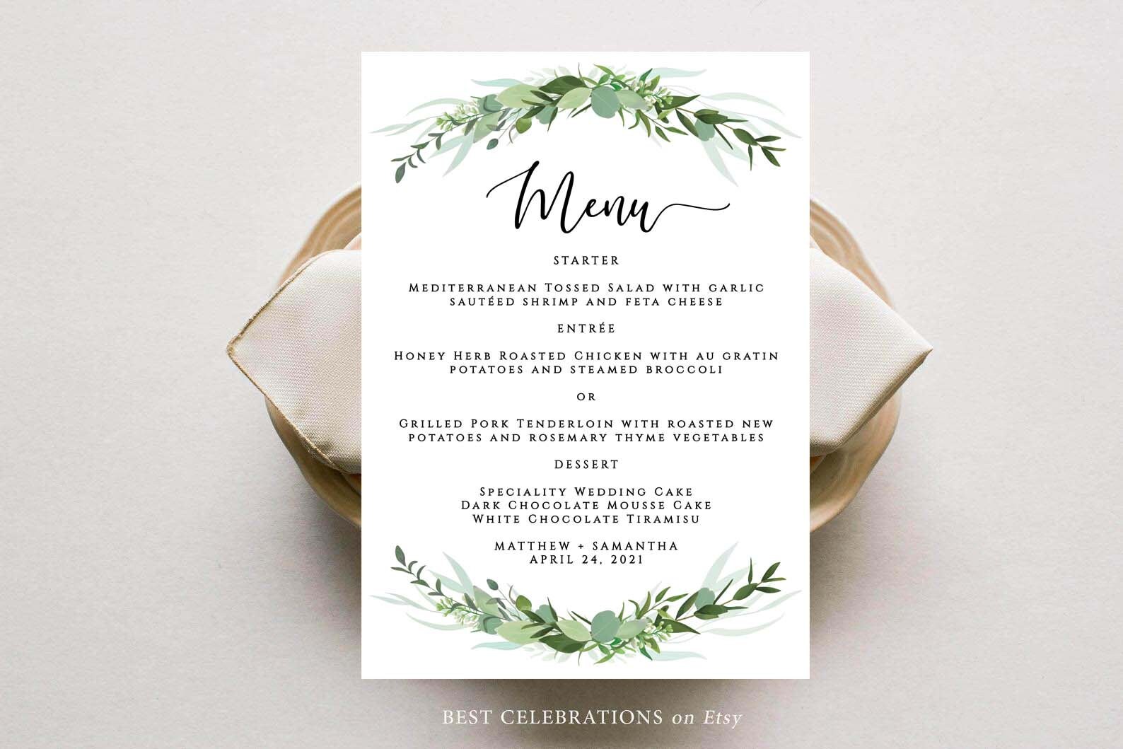 Greenery Rustic Wedding Menu Template Greenery Menu Card - Etsy
