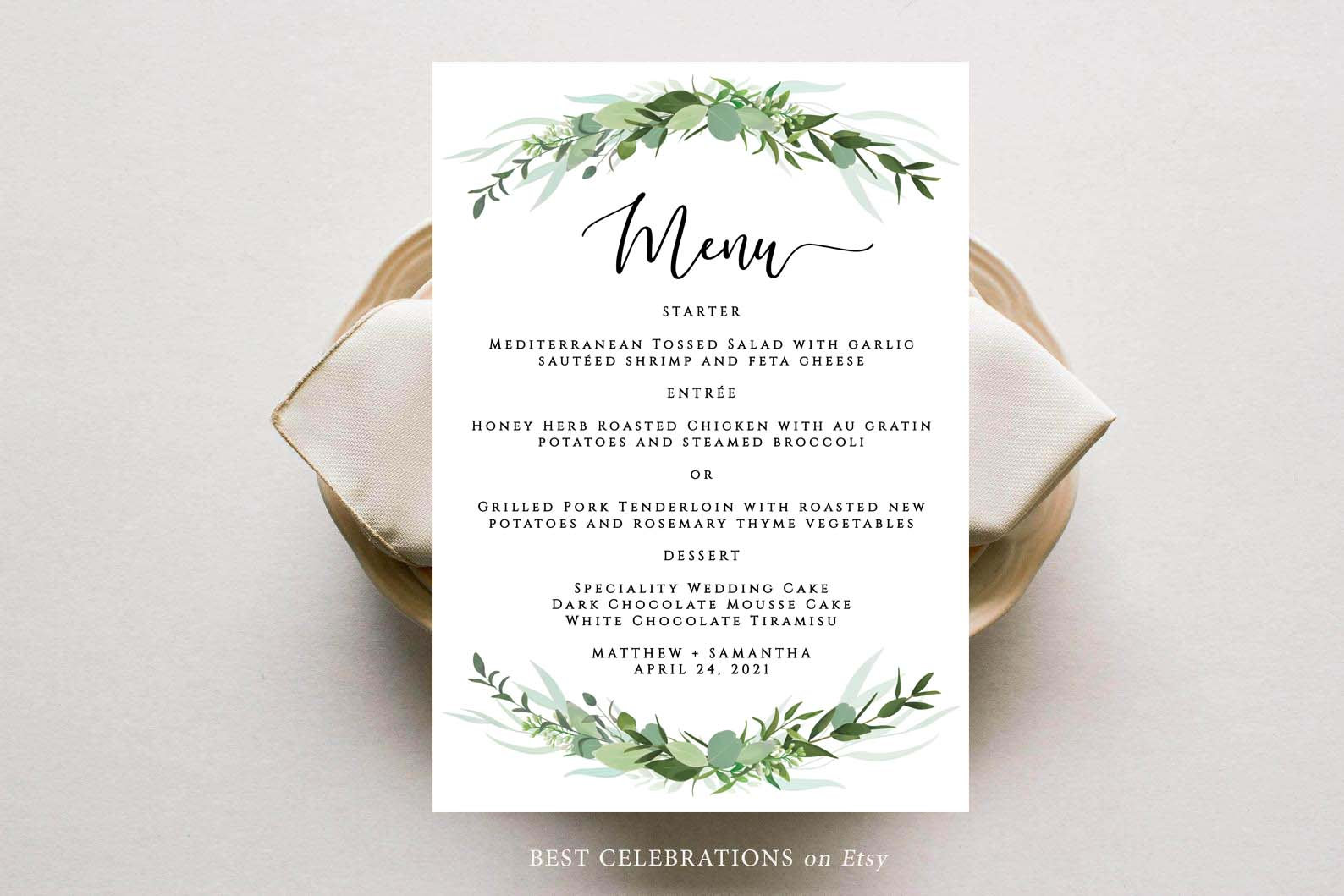 Greenery Rustic Wedding Menu Template Greenery Menu card | Etsy
