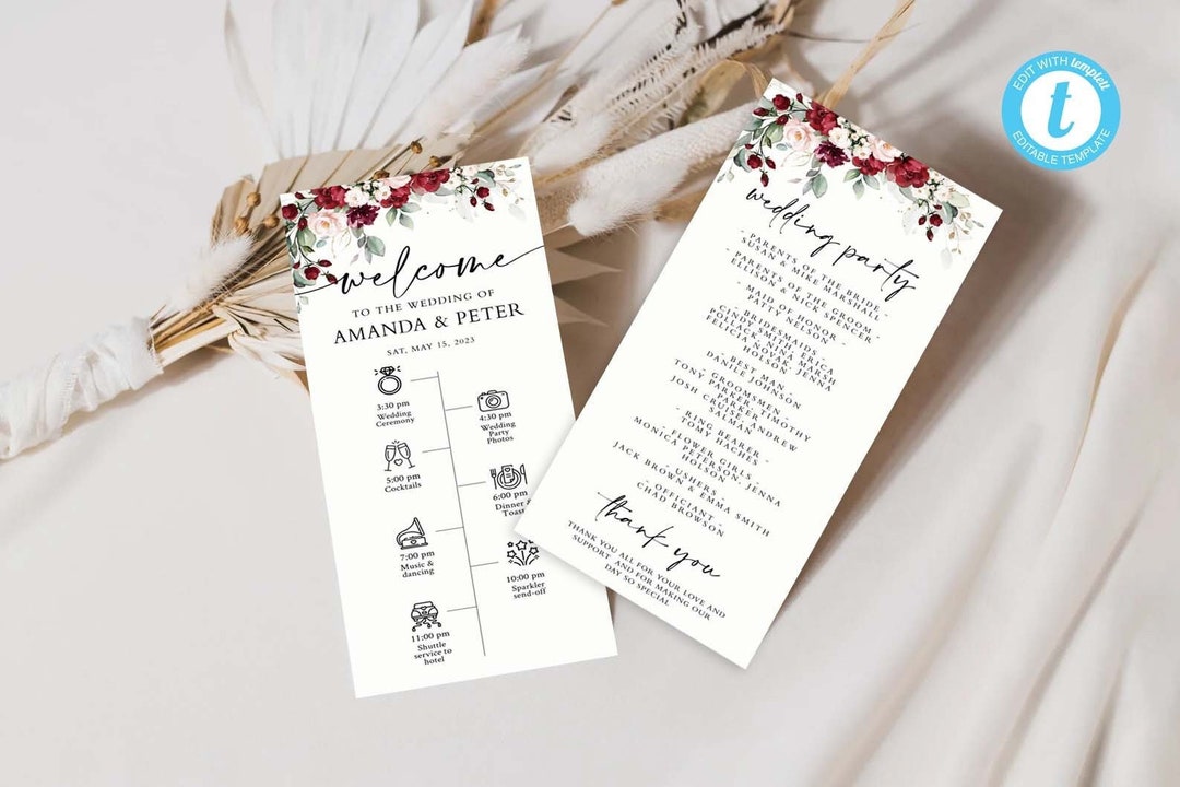 Burgundy Floral Wedding Program Template (digital Download) - Etsy