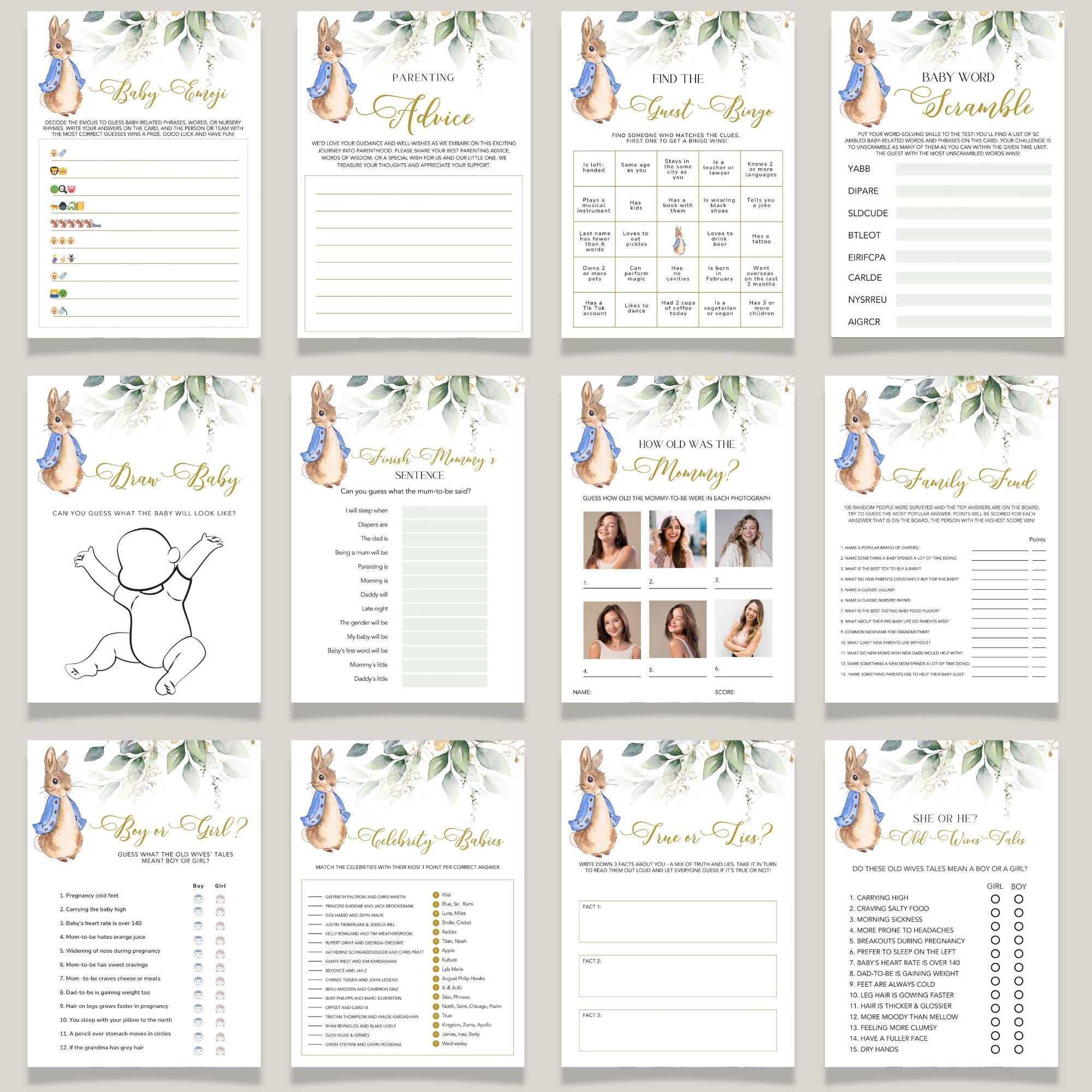 Peter Rabbit Baby Shower Games Editable Blue Bunny Game Bundle, 40 ...