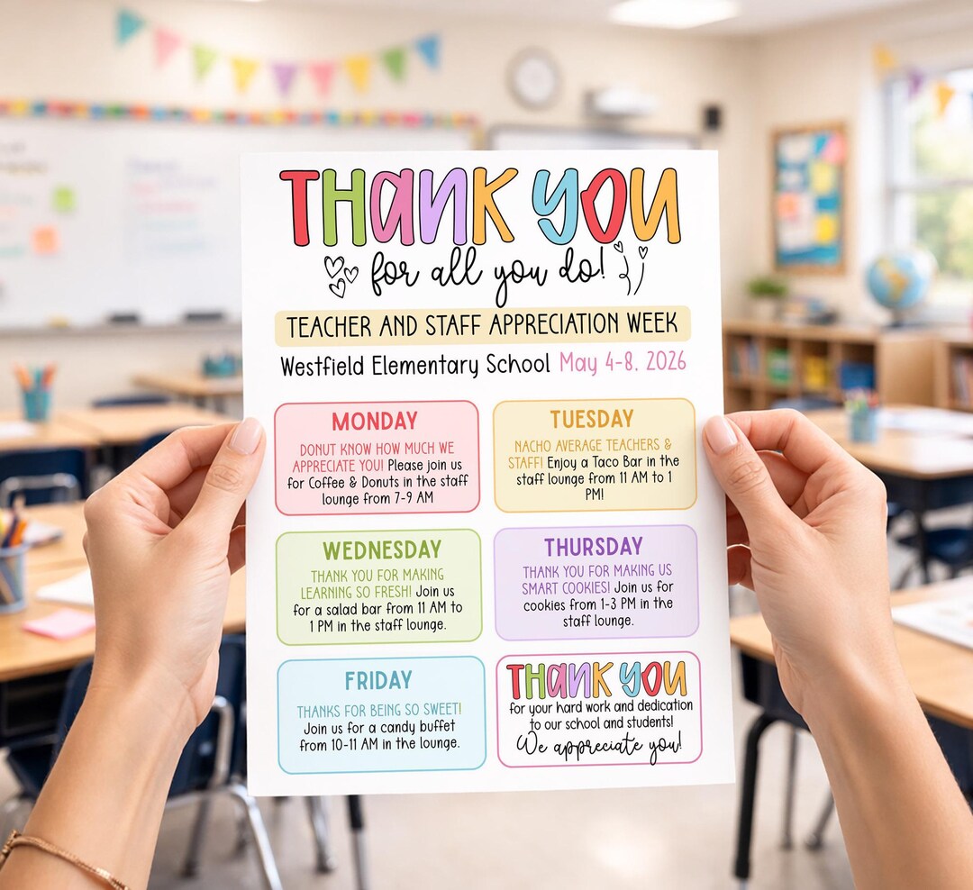 Teacher Appreciation Week Itinerary Flyer Template, Printable Teacher ...