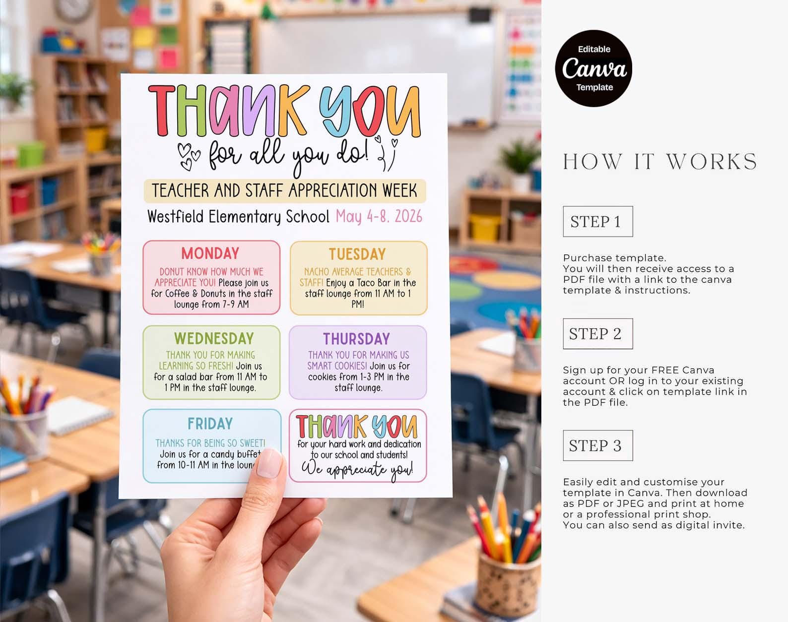 Teacher Appreciation Week Itinerary Flyer Template, Printable Teacher ...