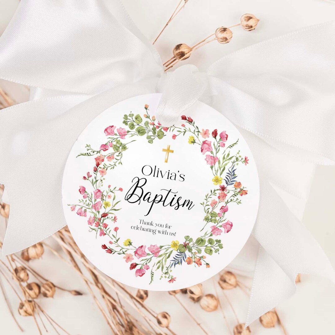 Wildflower Baptism Gift Tag Round, Garden Flower Favor Tag, Editable ...