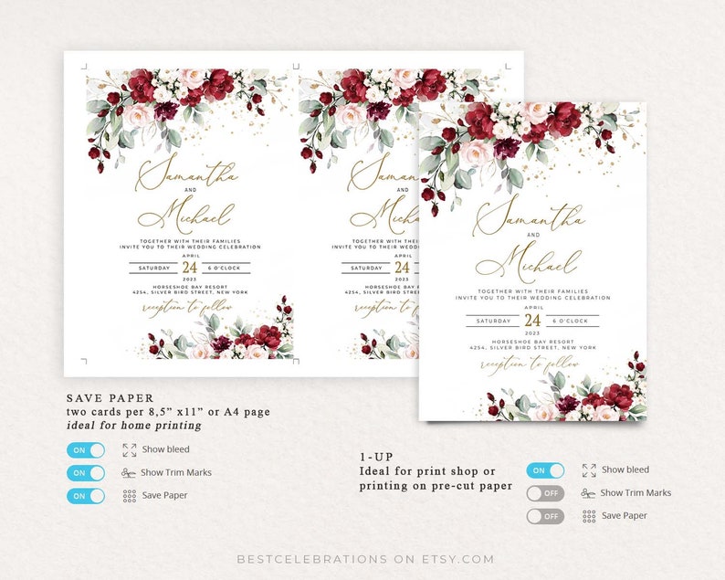 Burgundy Wedding Invitation Template Burgundy Rose Wedding - Etsy