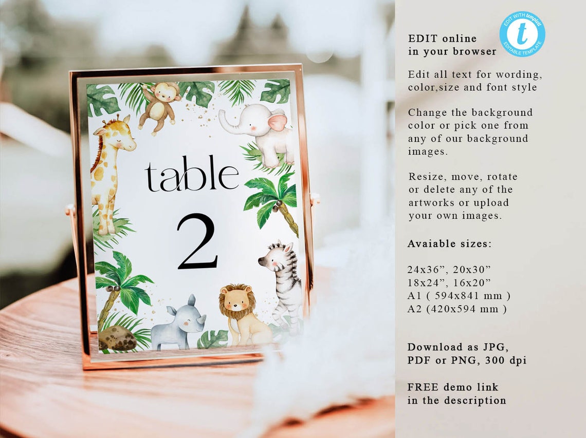 Safari Animals Table Number Template: Jungle Baby Shower (digital ...