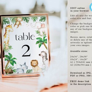 Safari Animals Table Number Template: Jungle Baby Shower (digital ...