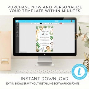 Editable Safari Animal Menu Card Template: Baby Shower, Birthday ...