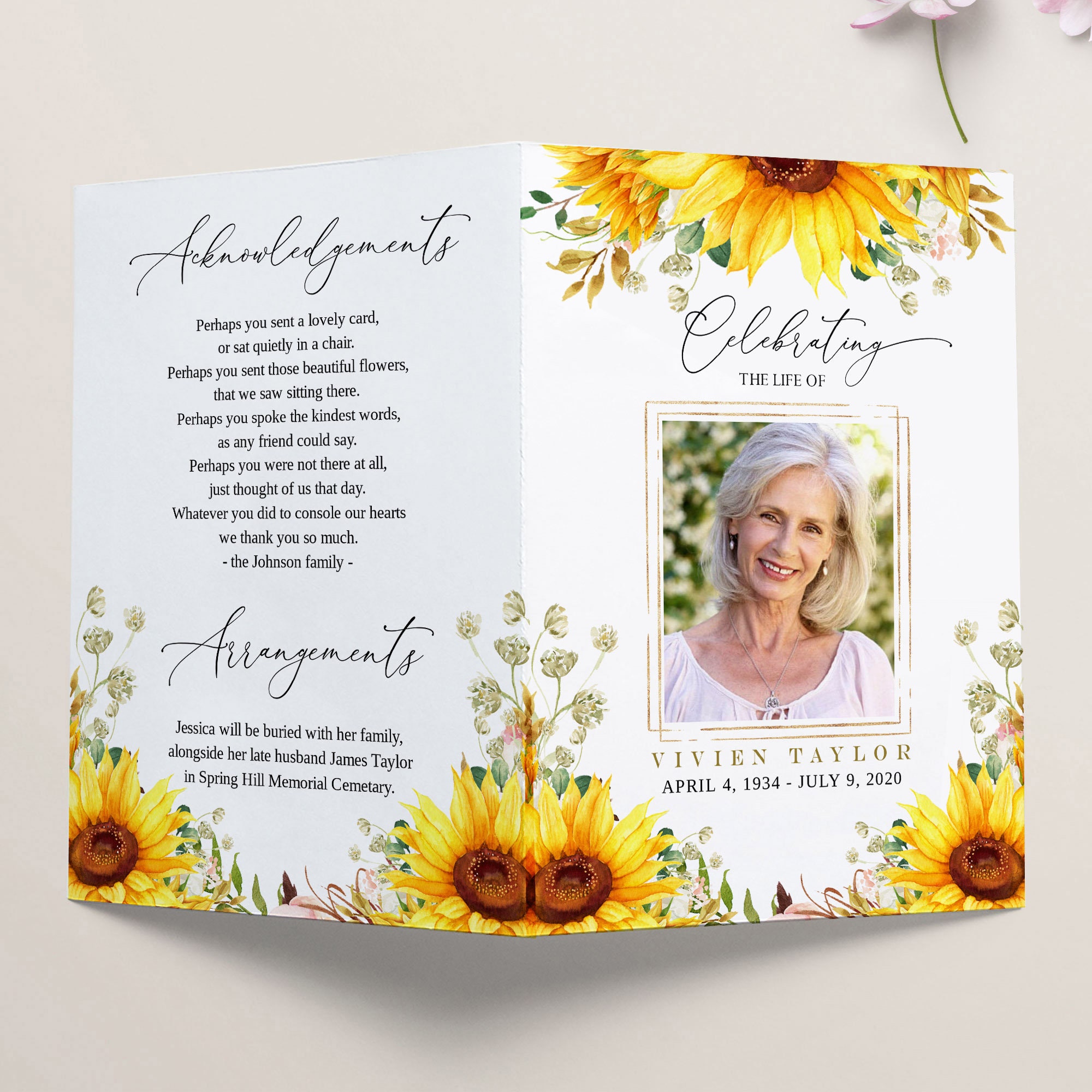 SUNFLOWER Funeral Program Template Editable Memorial - Etsy Canada