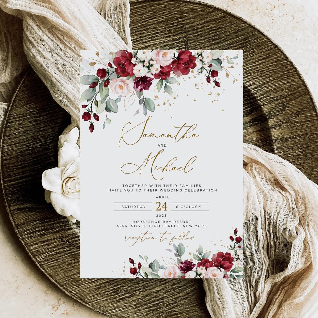 Burgundy Wedding Invitation Template, Burgundy Rose Wedding Template ...