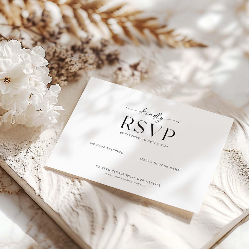 Minimalist Wedding RSVP Card Template: Black & White, Editable Text ...