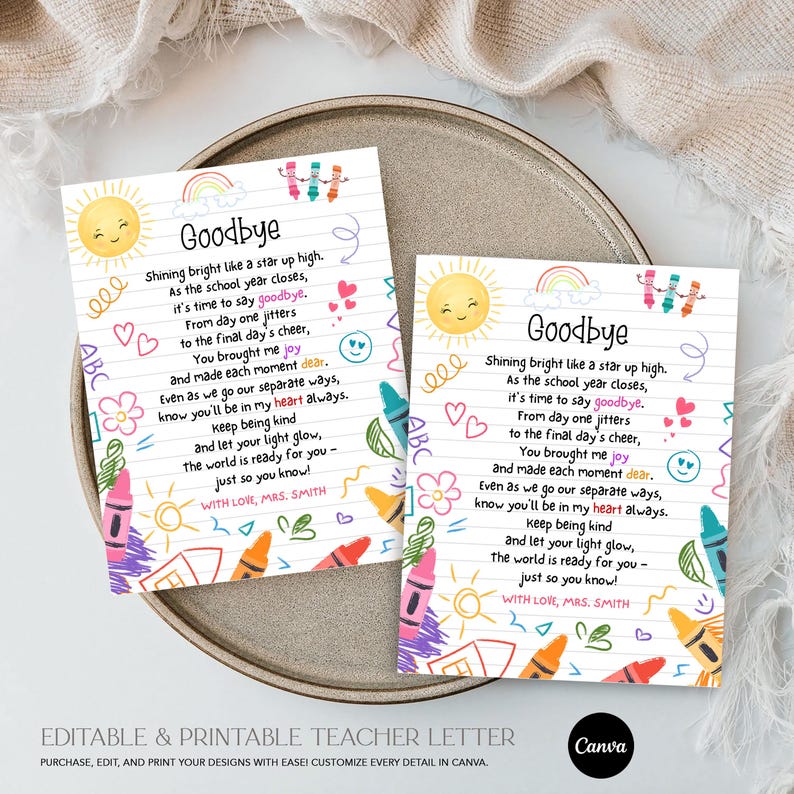 Goodbye Letter to Student Teacher Goodbye Letter Poem End of School ...