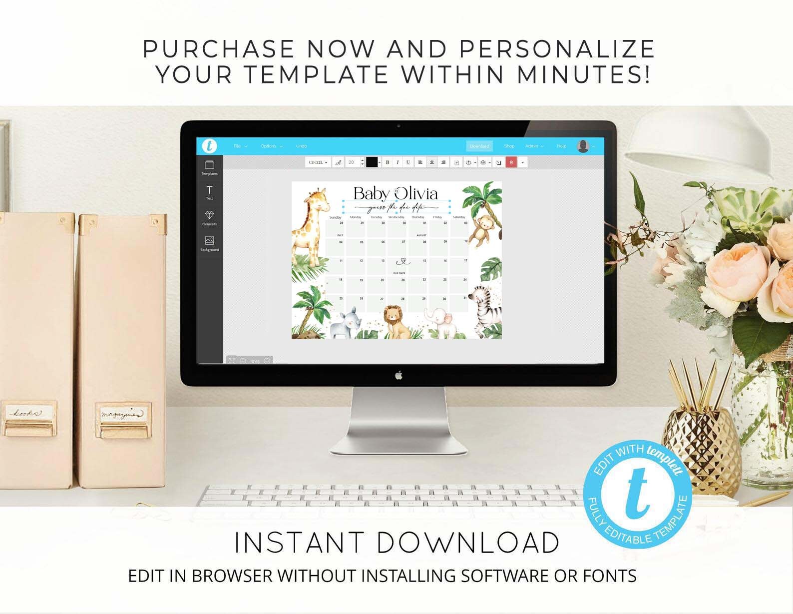 Safari Baby Shower Due Date Calendar: Jungle Animals, Editable (digital ...