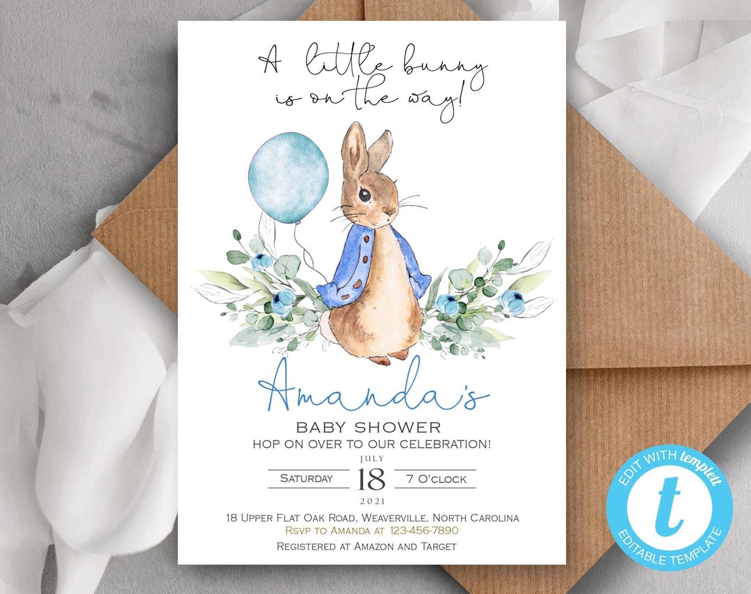 Blue Peter Rabbit Baby Shower Invitation, Peter Rabbit Invitation, Baby ...