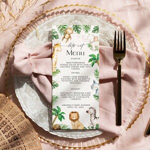 Editable Safari Animal Menu Card Template: Baby Shower, Birthday ...