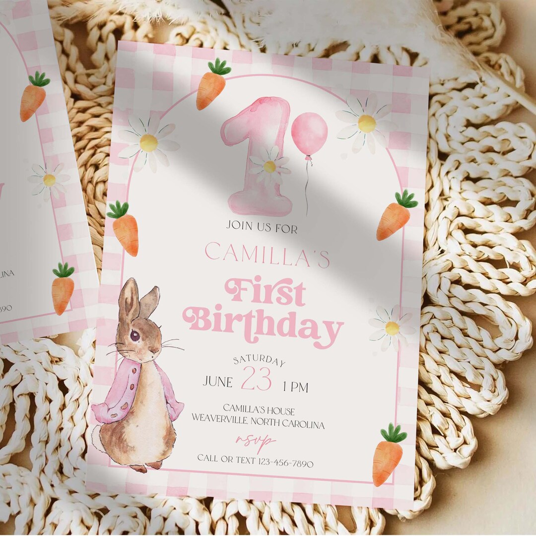 Peter Rabbit First Birthday Invitation Pink Bunny Girl 1st Birthday ...