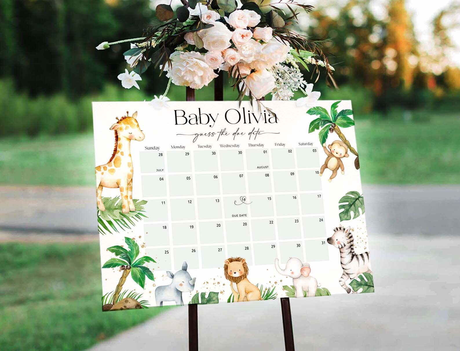 Safari Baby Shower Due Date Calendar: Jungle Animals, Editable (digital ...