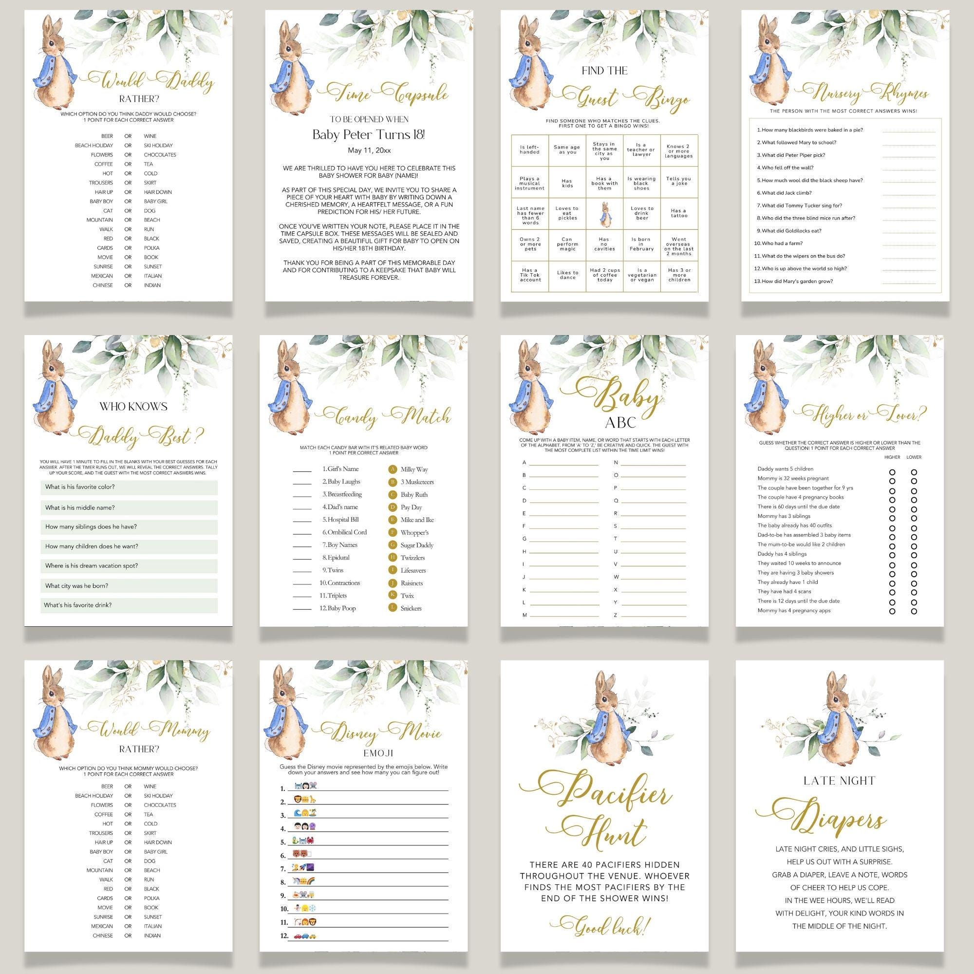 Peter Rabbit Baby Shower Games Editable Blue Bunny Game Bundle, 40 ...