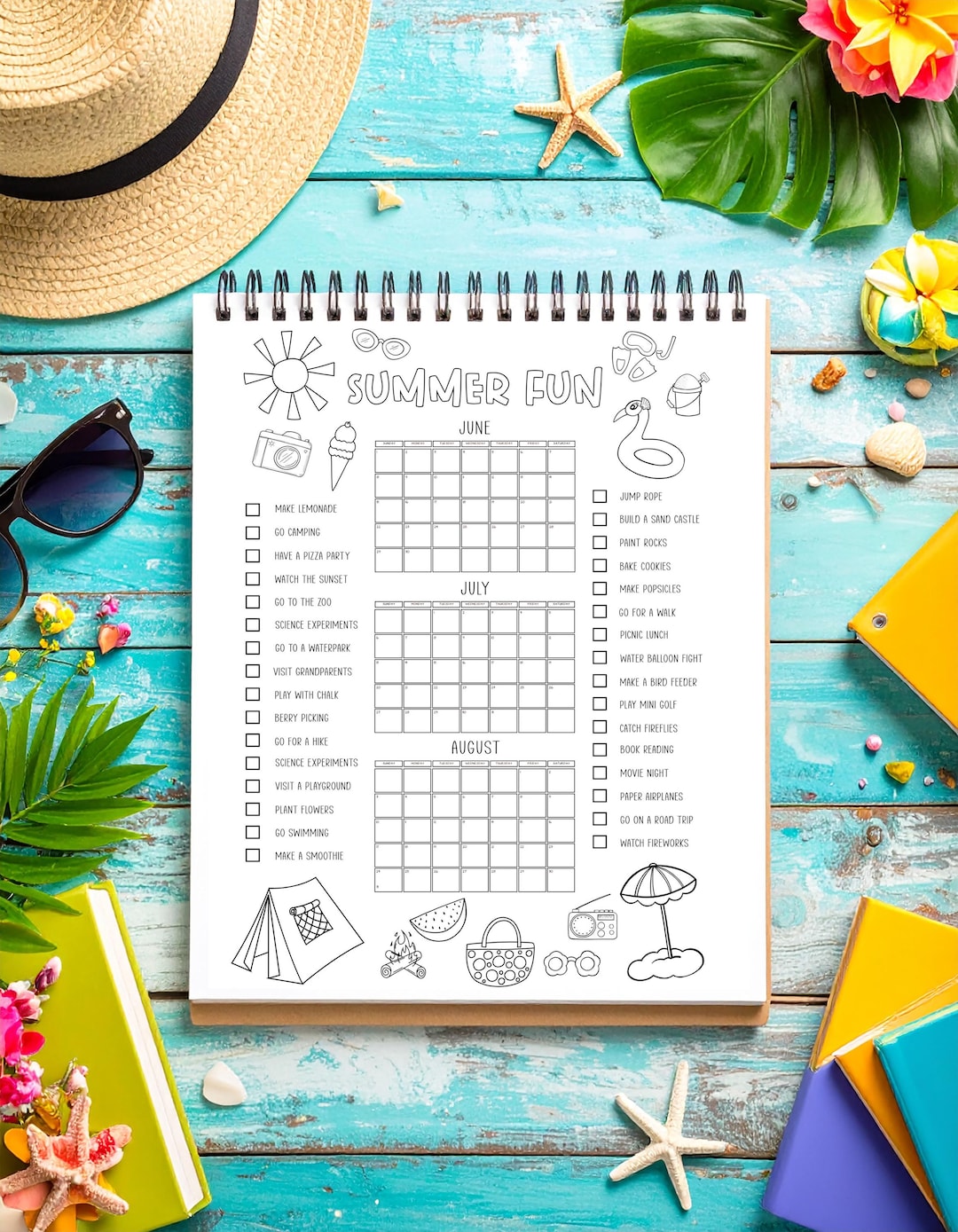 Printable Summer Calendar Poster Summer Activities Calendar Bucket List ...