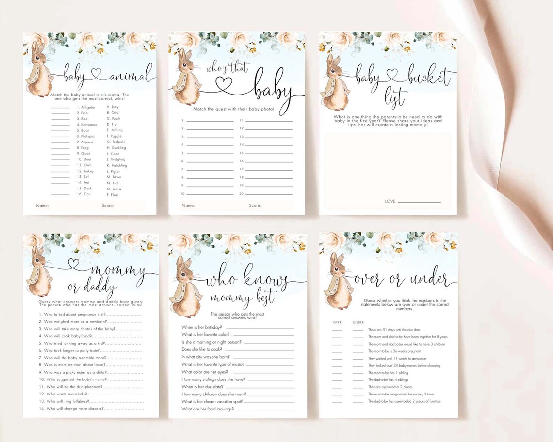 Peter Rabbit Baby Shower Games, Gender Neutral Shower Game Bundle, Girl ...