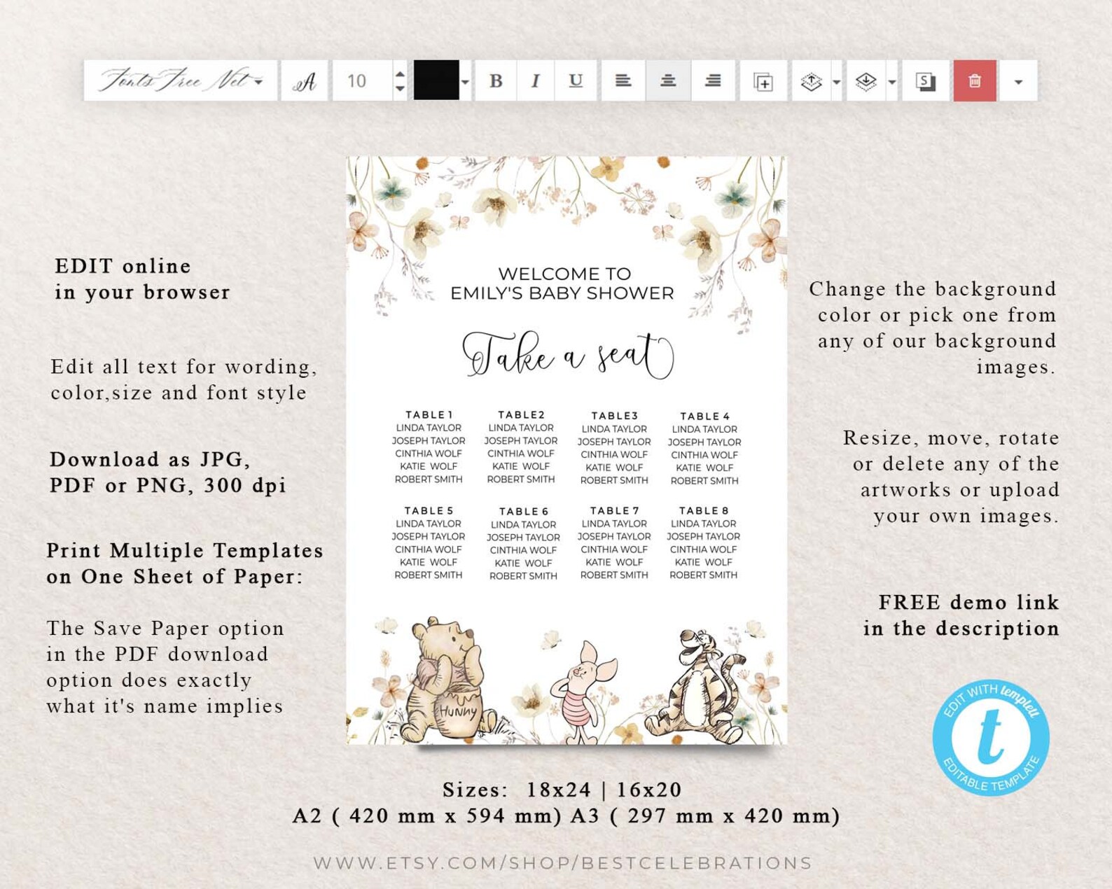 Winnie the Pooh Seating Chart Template 100% Editable - Etsy
