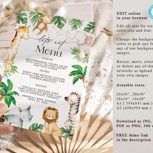 Editable Safari Animal Menu Card Template: Baby Shower, Birthday ...