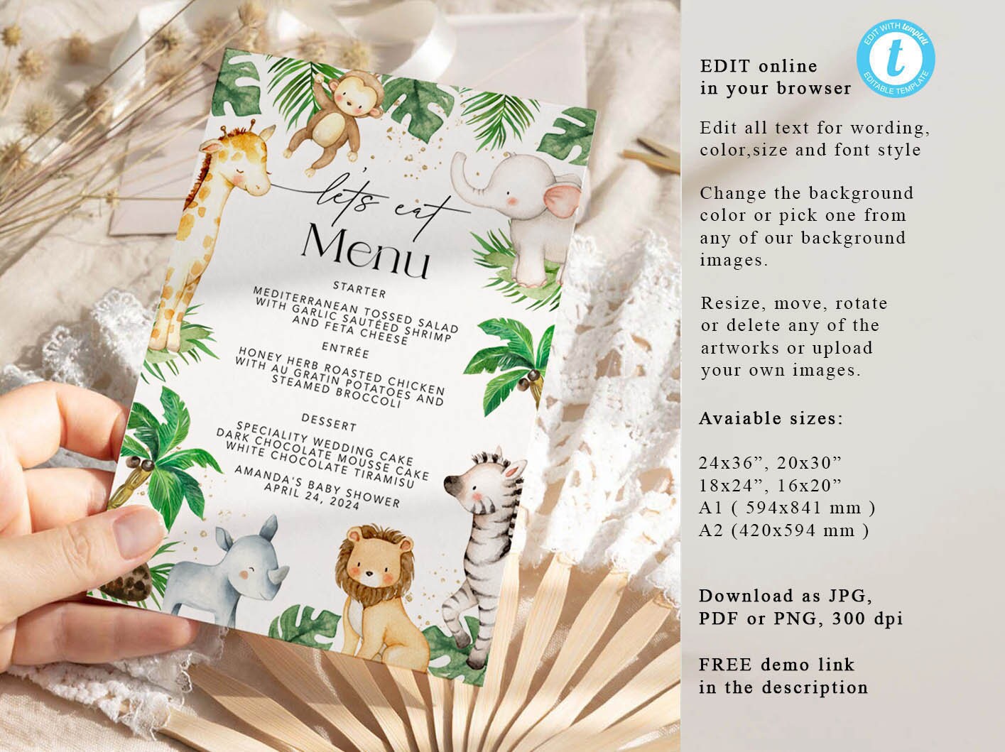 Editable Safari Animal Menu Card Template: Baby Shower, Birthday ...