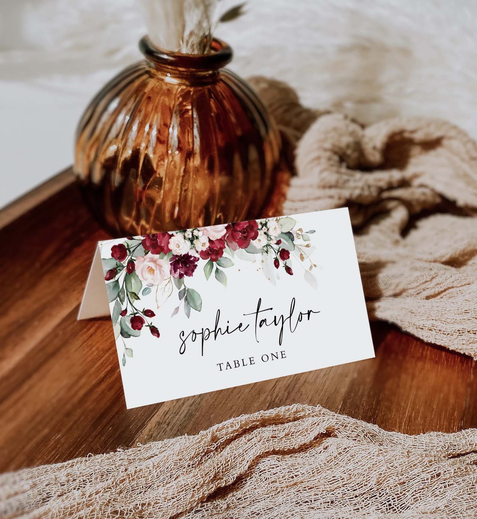 Burgundy Place Card Template Optional Meal Icons Editable - Etsy