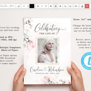 Double Sided Funeral Program Template, Floral Memorial Program, Blush ...