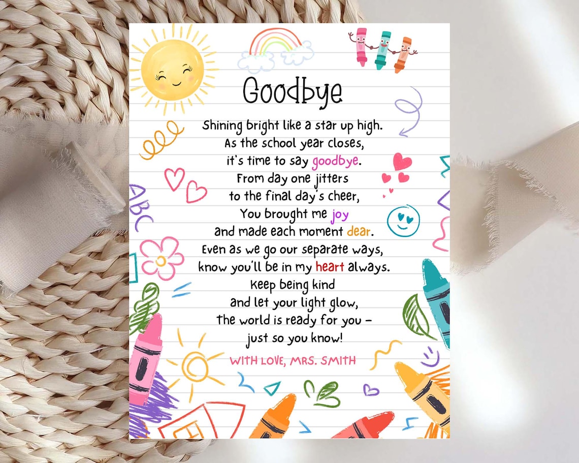 Goodbye Letter to Student Teacher Goodbye Letter Poem End of School ...