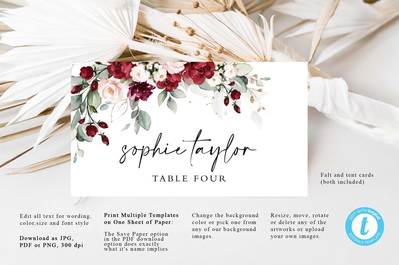 Burgundy Place Card Template Optional Meal Icons Editable - Etsy