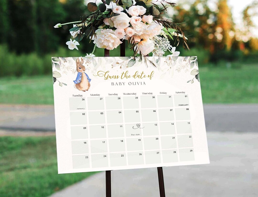 Peter Rabbit Baby Due Date Calendar Game, Baby Shower Game, Guess Baby ...
