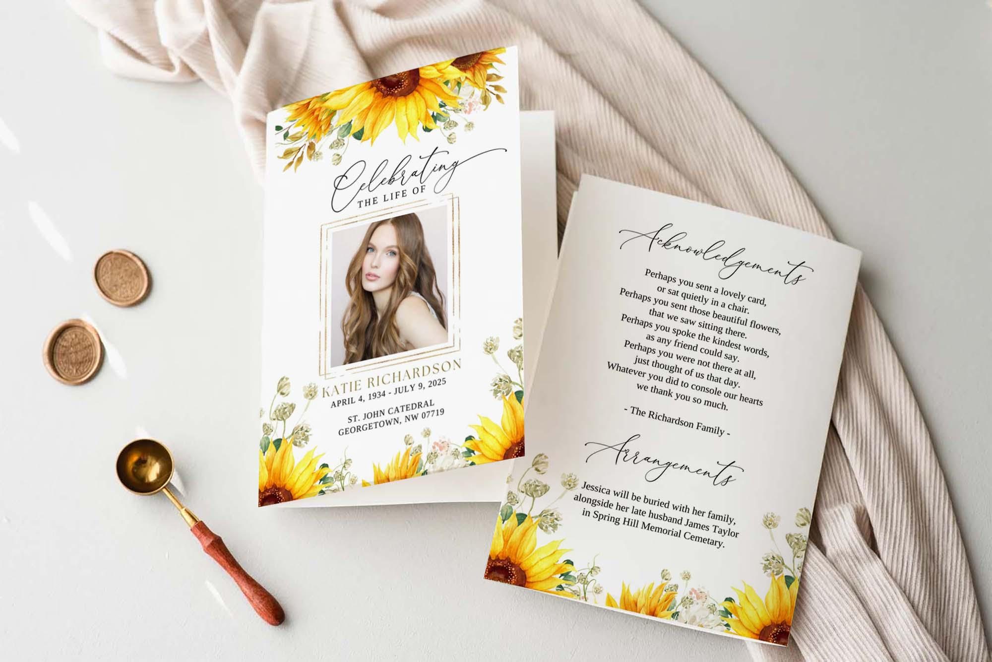 Sunflower Funeral Program Template: Celebration of Life (canva Editable ...