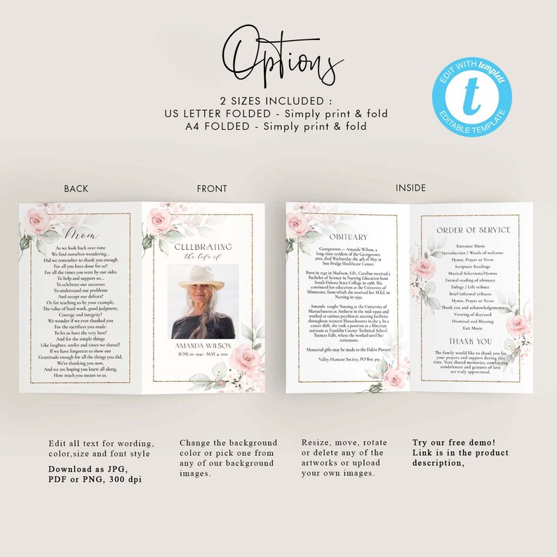 Pink Floral Funeral Program Template: Celebration of Life (digital ...