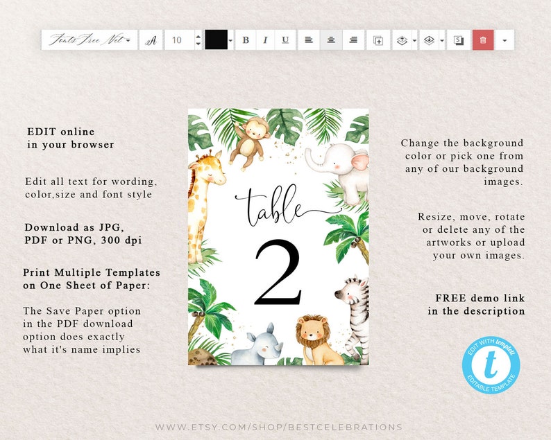 Safari Animals Table Number Template Gender Neutral Wild One - Etsy