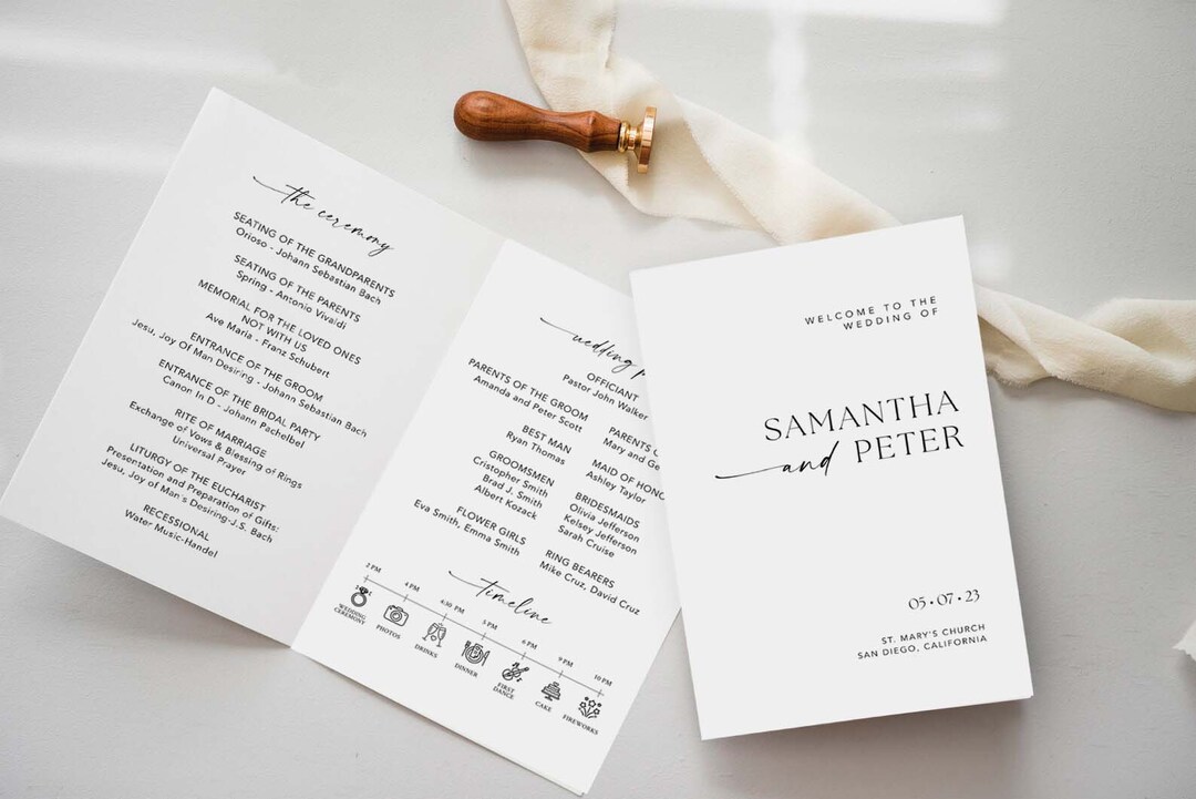 Foldable Wedding Program Template: Modern Minimalist Design (digital ...