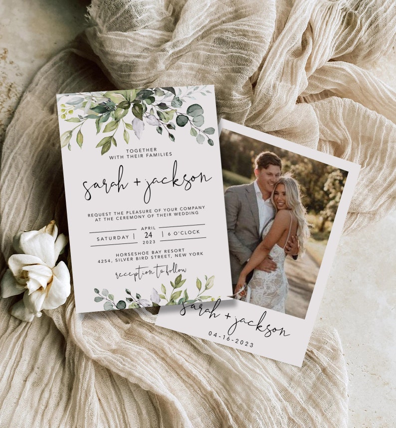 Greenery Wedding Photo Invitation Template: Eucalyptus, Faux Gold ...