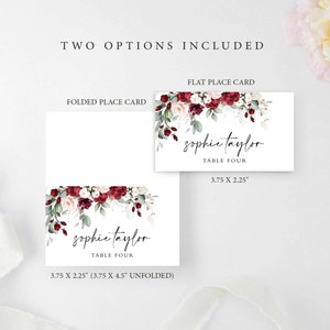 Burgundy Place Card Template, Optional Meal Icons, Editable Wedding ...