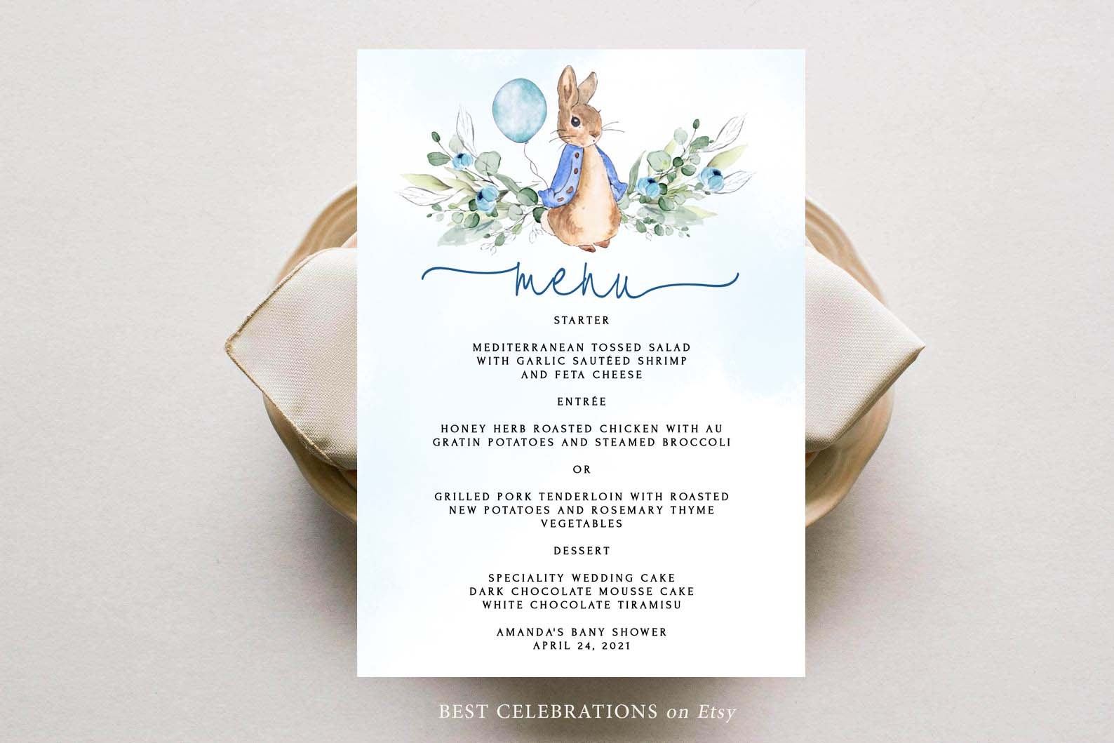 Peter Rabbit Menu Template, Menu Card Template, Baby Shower Menu ...