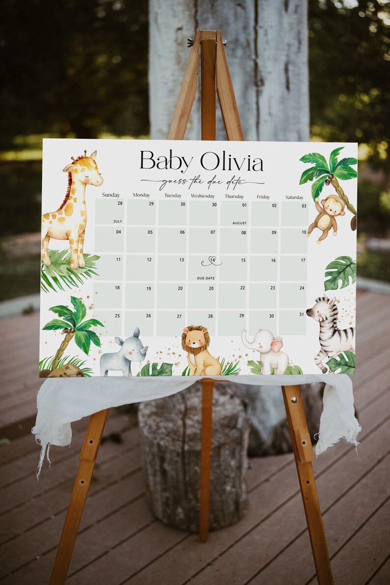 Safari Baby Shower Due Date Calendar: Jungle Animals, Editable (digital ...