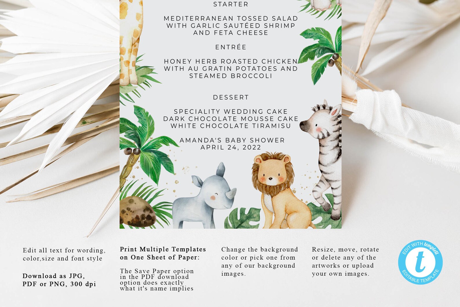 Editable Safari Animal Menu Card Template Birthday Menu Card - Etsy