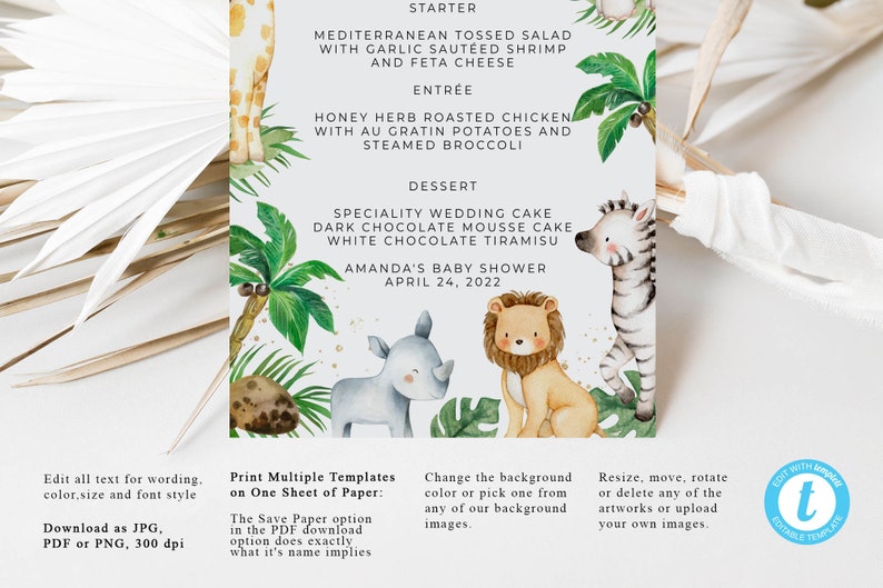 Editable Safari Animal Menu Card Template Birthday Menu Card - Etsy
